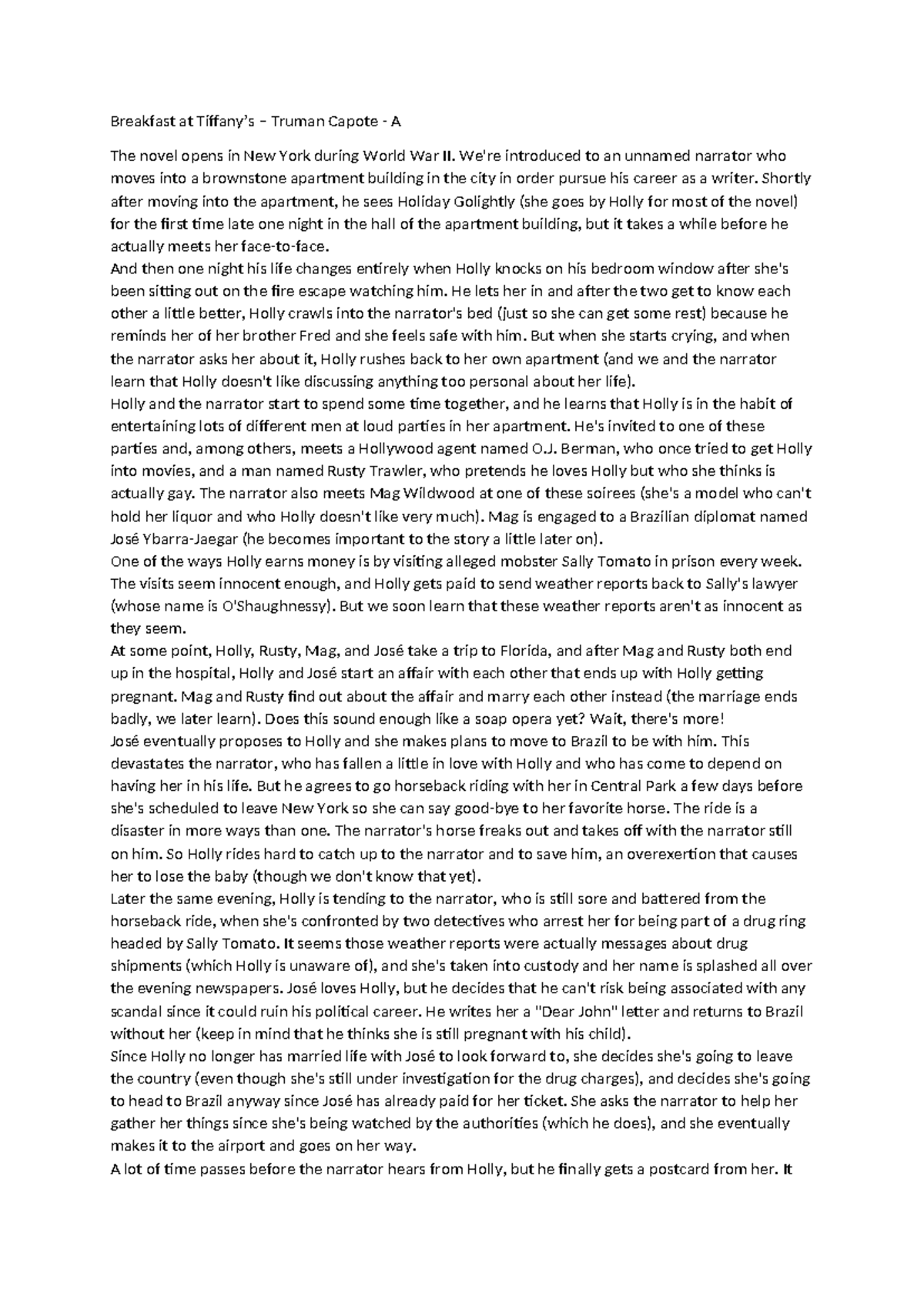 Summary breakfast at tiffany - Breakfast at Tiffany’s – Truman Capote ...