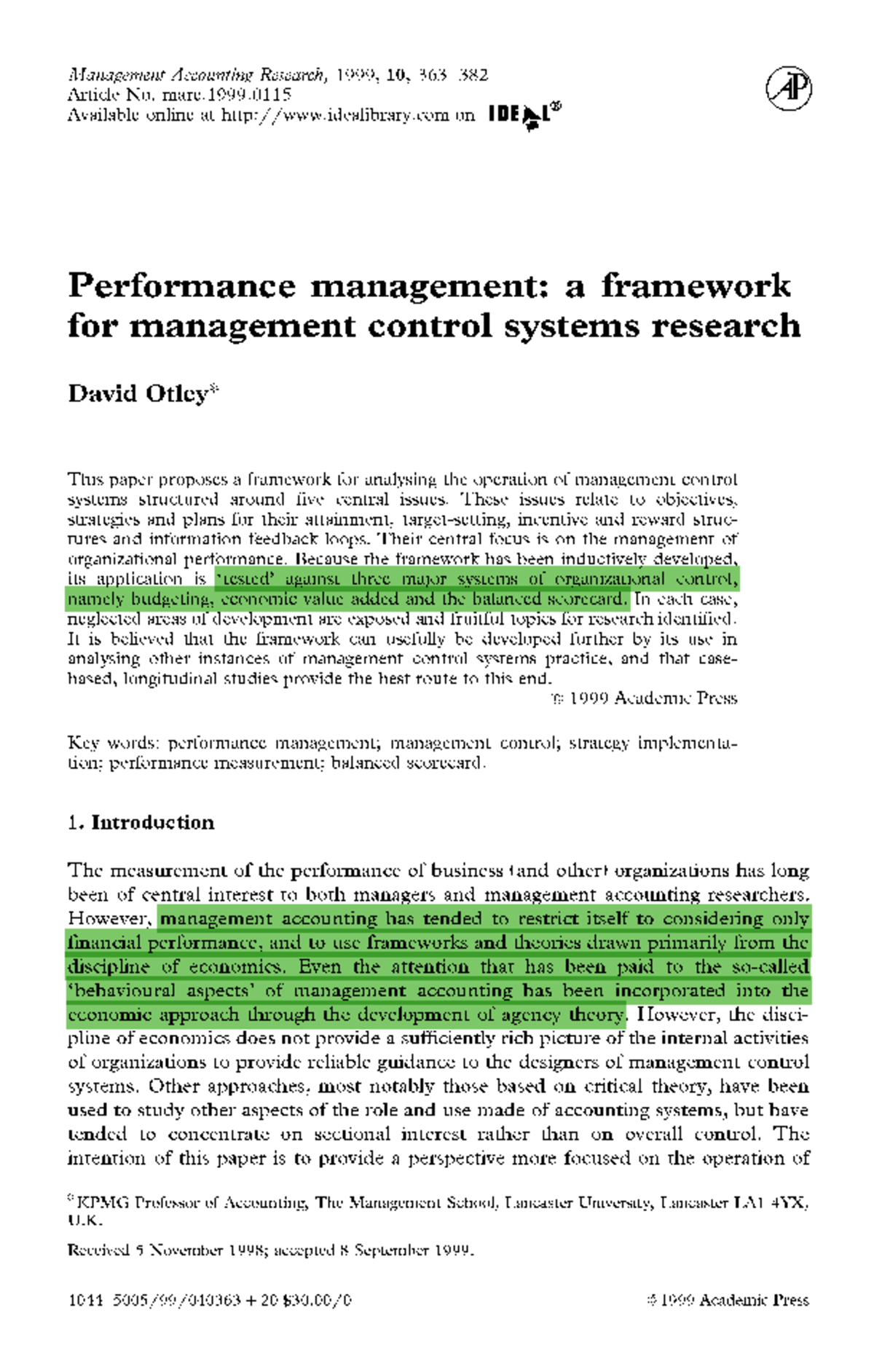 Performance management- Framework for management control systems ...