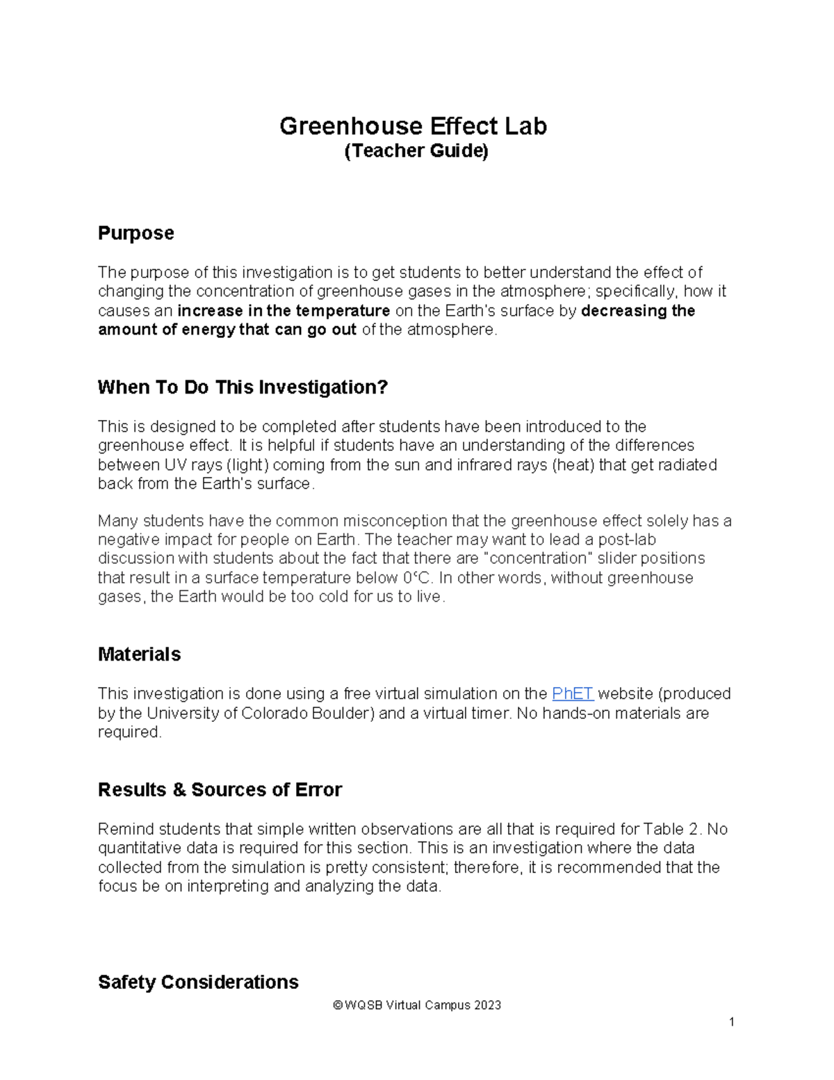 Greenhouse Effect Lab Teacher Guide - Greenhouse Effect Lab (Teacher ...
