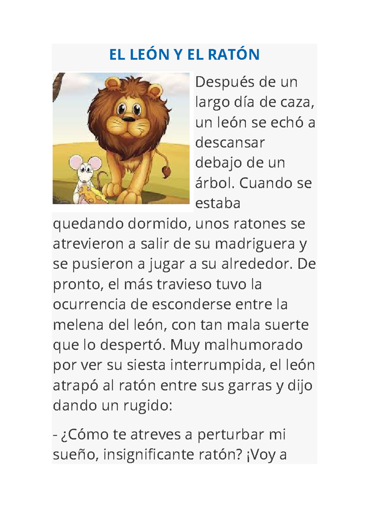 EL LEÓN Y EL Ratón - cuento - EL LEÓN Y EL RATÓN Después de un largo ...