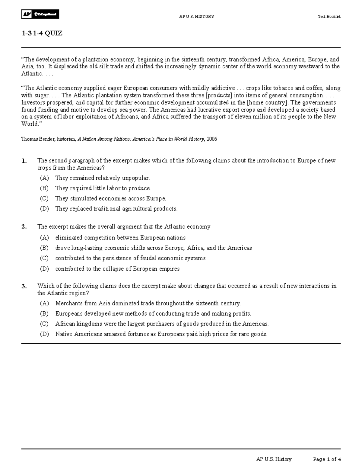 1-3 AND 1-4 QUIZ - AP QUIZ - “The development of a plantation economy ...