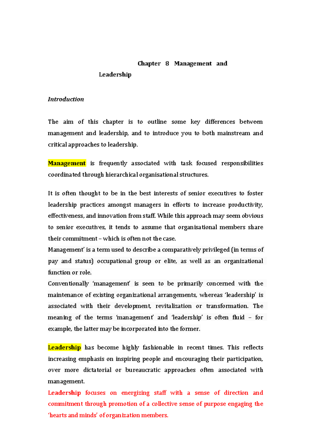 Leadership Notes - Chapter 8 Management and Leadership Introduction The ...