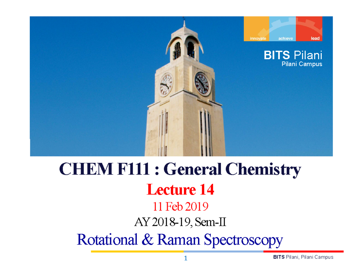 Lecture 14 - BITSPilani CampusPilani BITS Pilani, Pilani Campus CHEM ...
