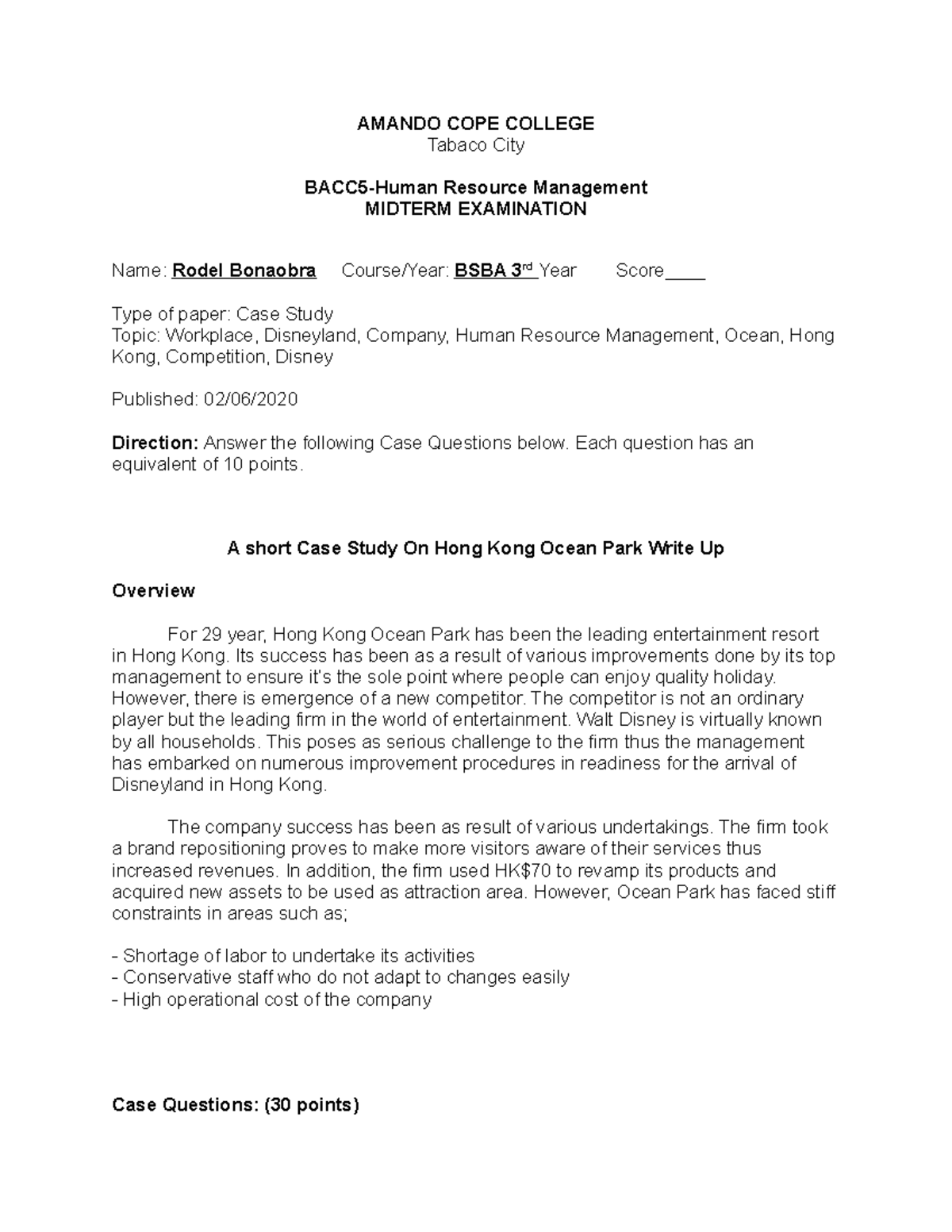 HRM Examination - Hr Exam - AMANDO COPE COLLEGE Tabaco City BACC5-Human ...