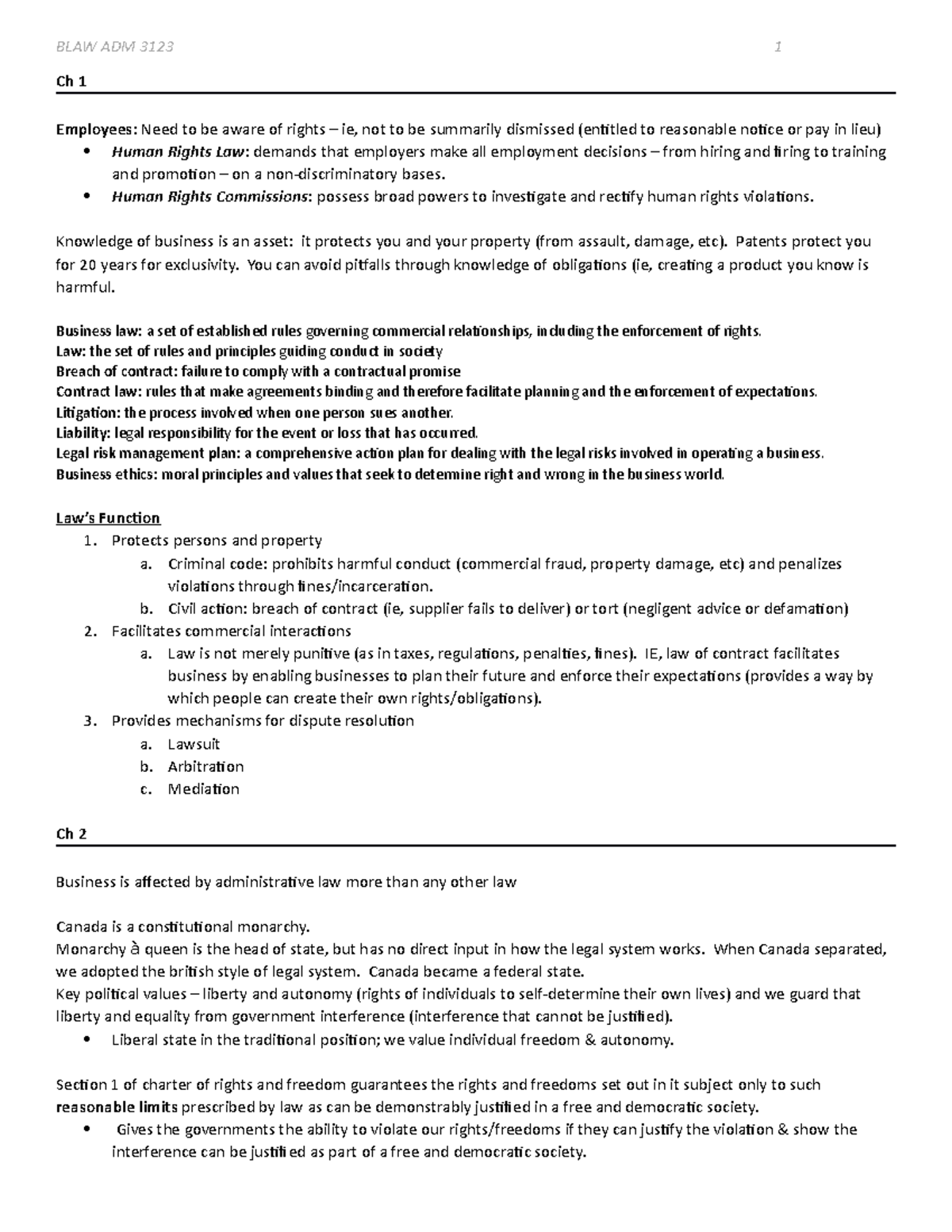 Blaw adm3123 notes - Instructor Robert Derrah. - Ch 1 Employees: Need ...