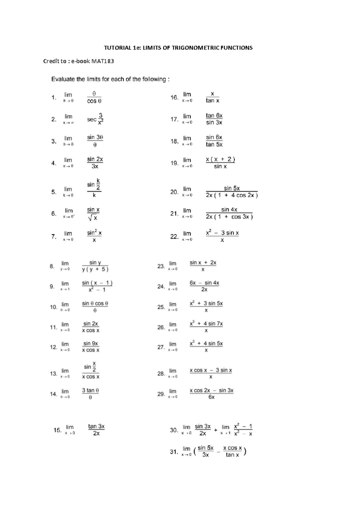 Tutorial 1e ( Limits OF Trigonometric Functions) - civil engineering ...
