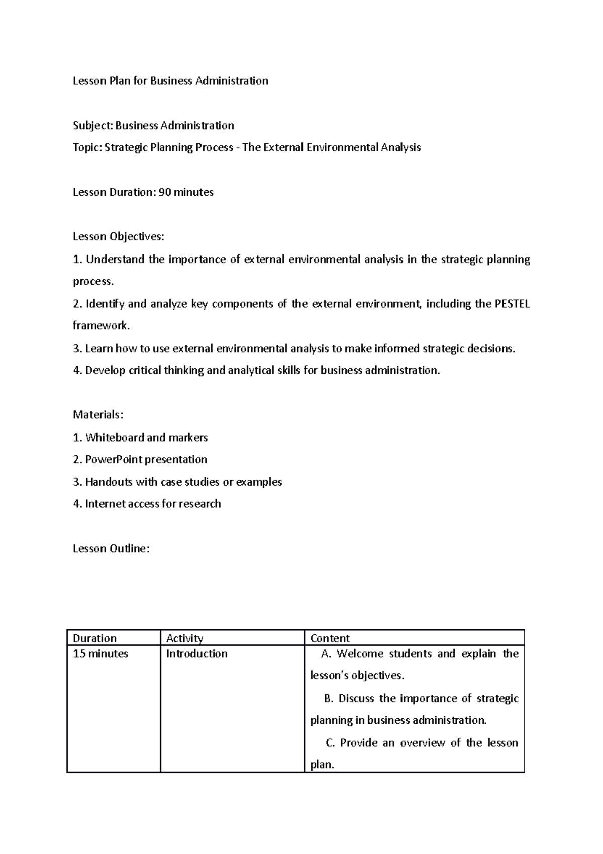 Lesson Plan for Business Administration - Lesson Plan for Business ...