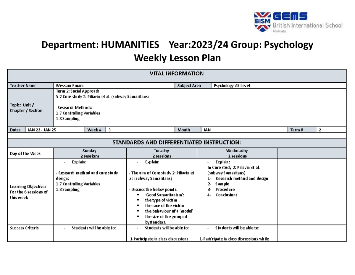 Weekly Plan Psychology Jan 29-2 - Department: HUMANITIES Year:2023/24 ...