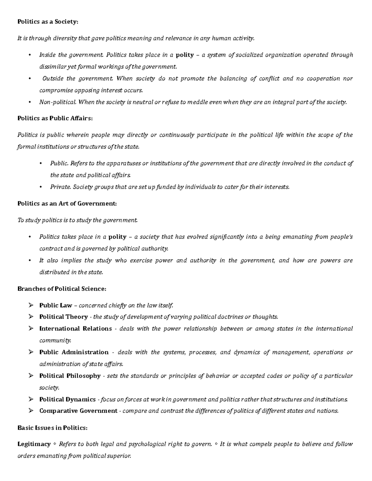 Politics as a Society - Lecture notes 1-3 - Politics as a Society: It ...