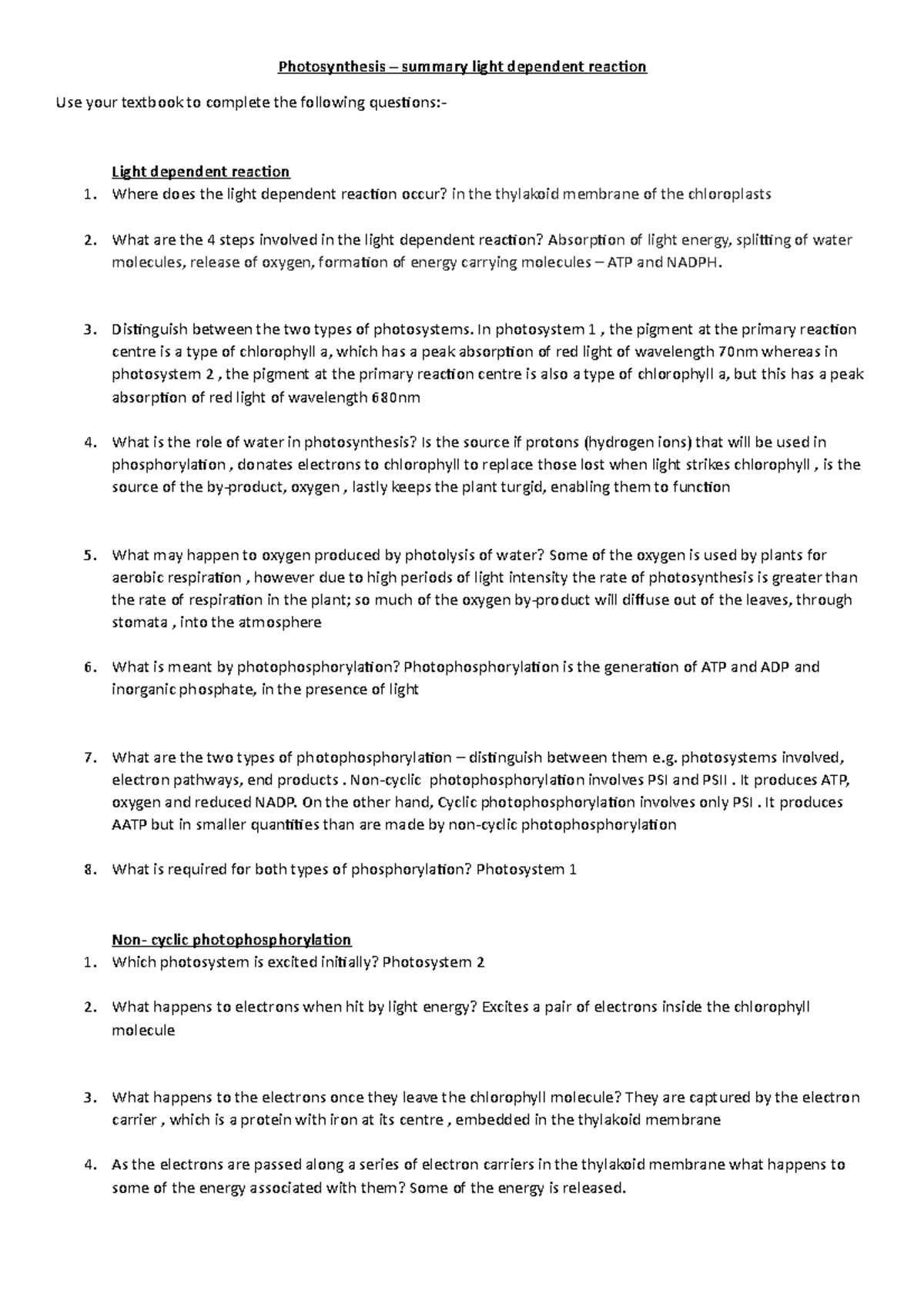 Photosynthesis - summary ques LDR - Photosynthesis – summary light ...