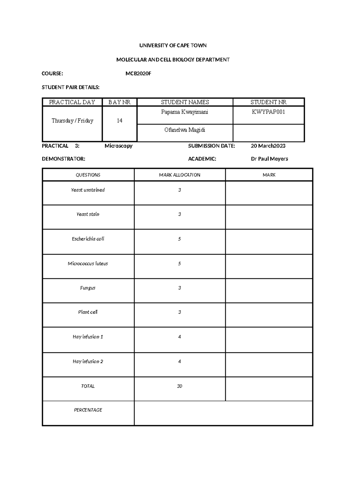 Title page - Prac 3 Microscopy 2023 - UNIVERSITY OF CAPE TOWN MOLECULAR ...