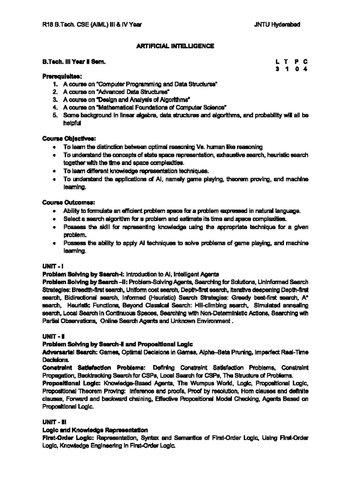 Syllabus - R18 B. Tech. CSE (AIML) IV Year JNTU Hyderabad ARTIFICIAL ...