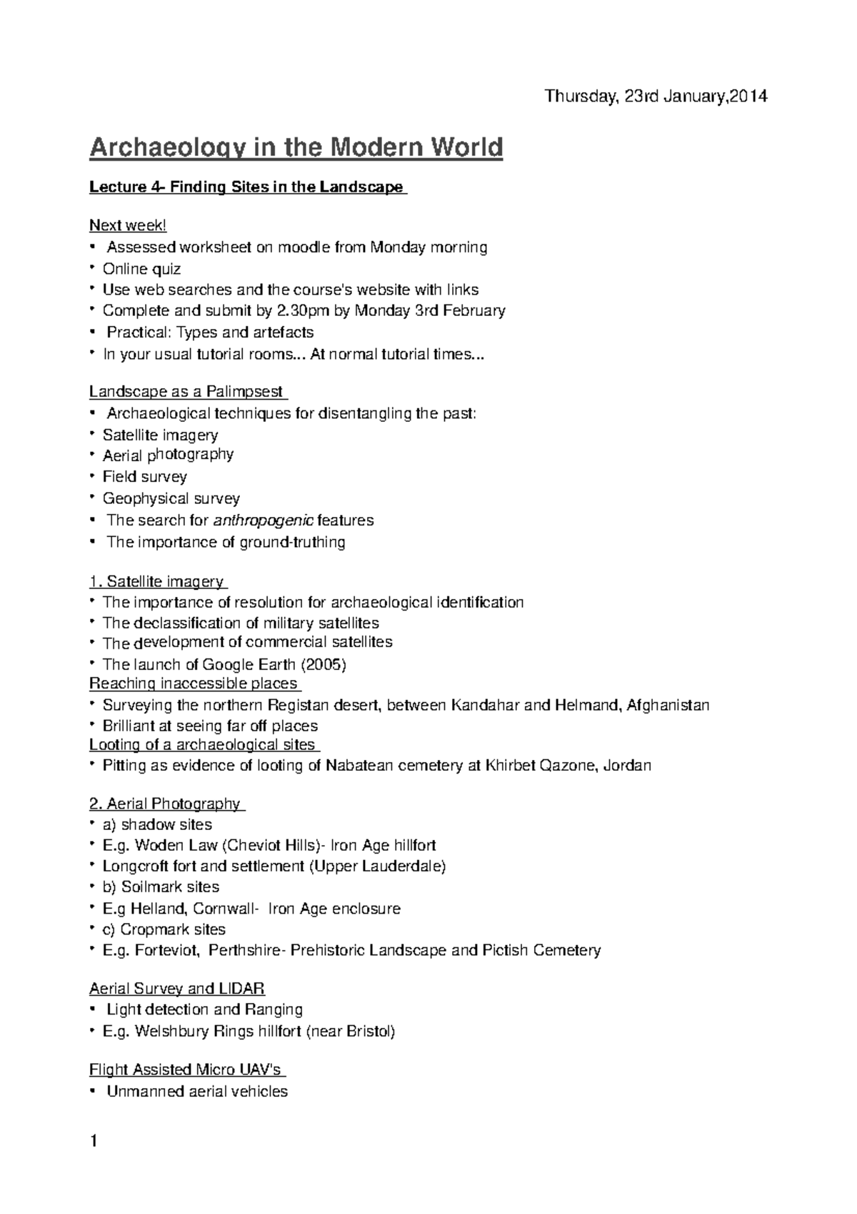 Archaeology Lecture 4 - Finding Sites in the Landscape - Thursday, 23rd ...