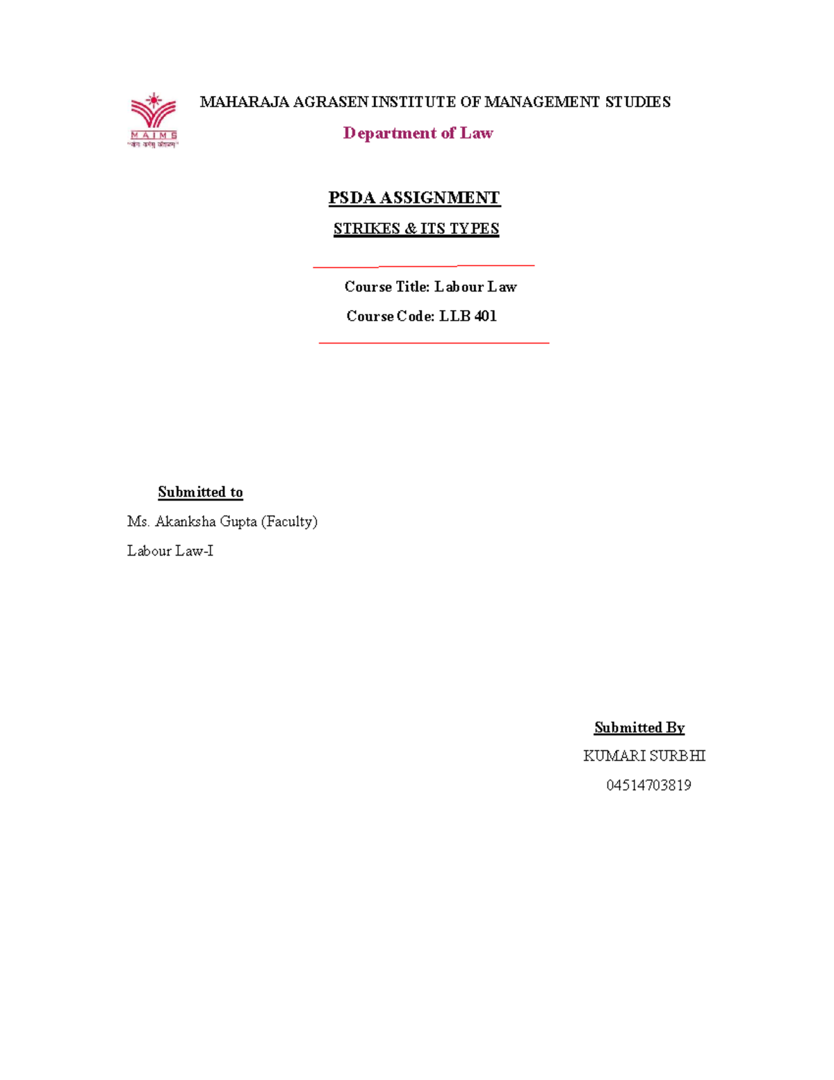 Labour law psda assignment kumari Surbhi-1 - MAHARAJA AGRASEN INSTITUTE ...