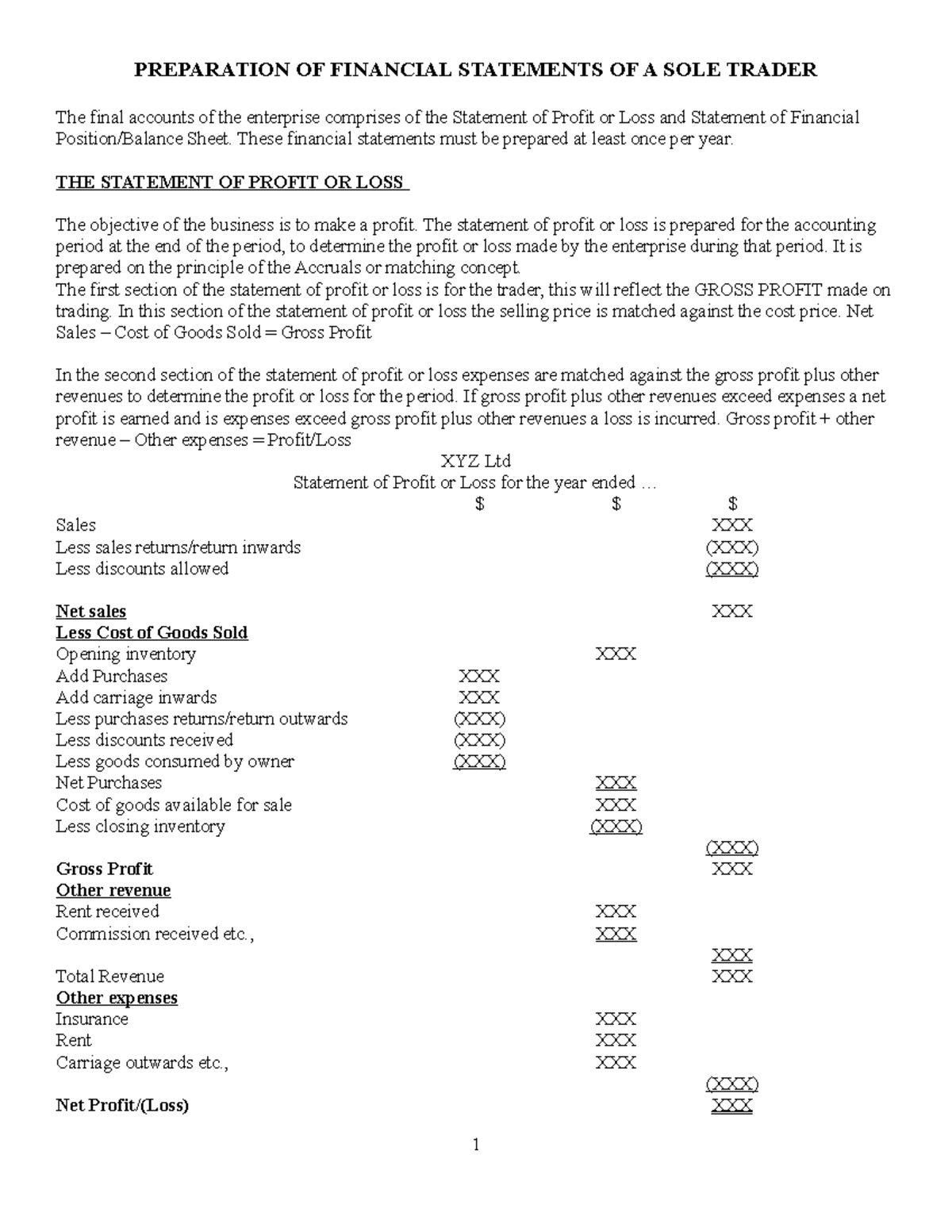 Unit 5 Preparation Of Financial Statement For A Sole Trader