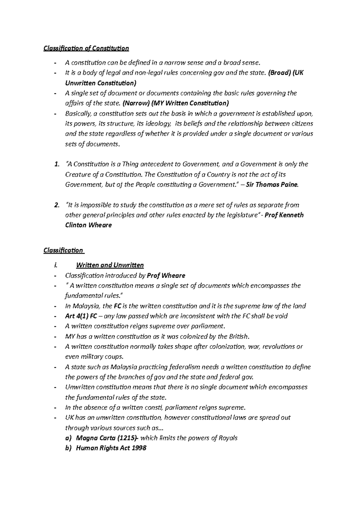 Constitutional Law: Classification of Constitution - Classification of Constitution - A ...