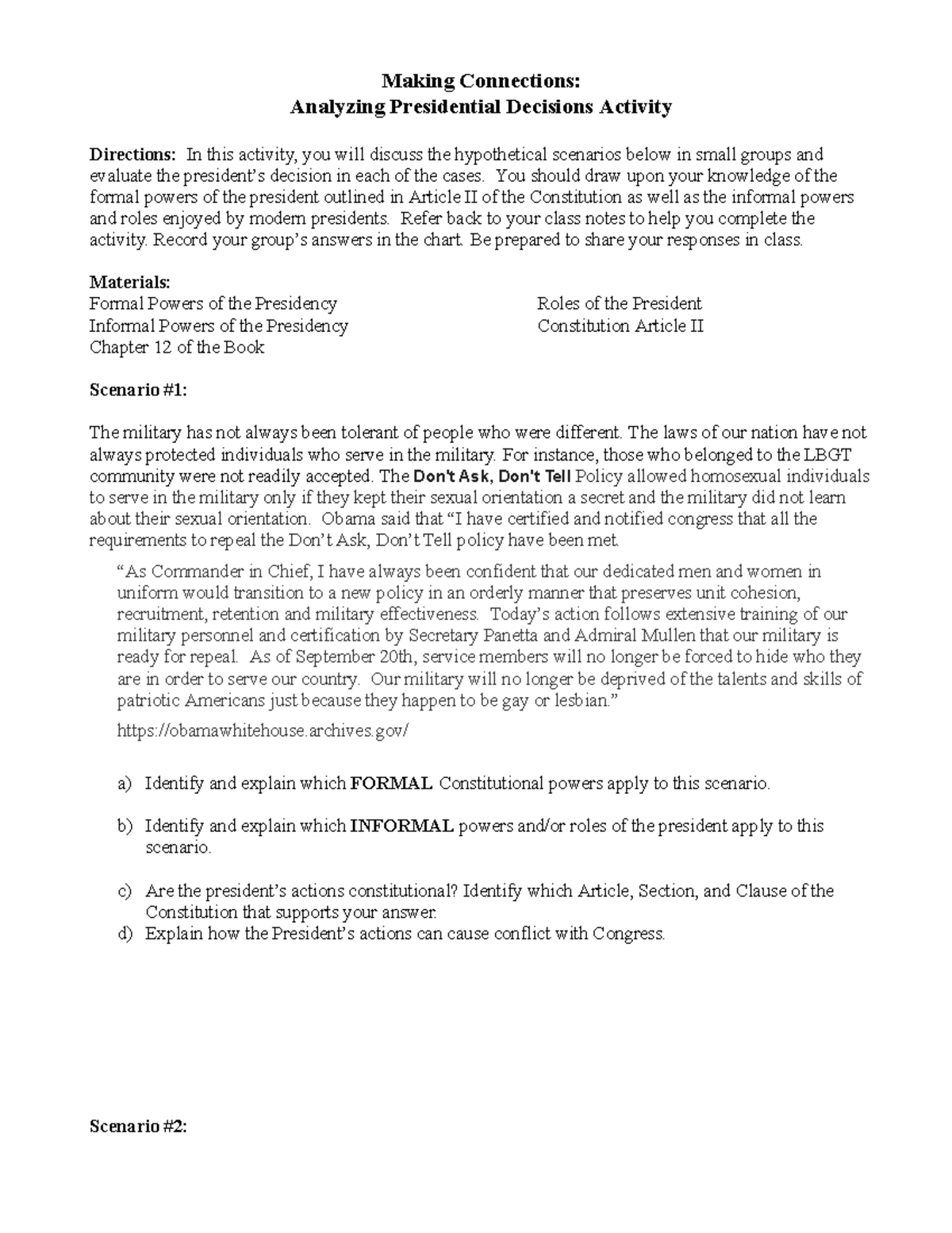 Presidential Powers Activity - Making Connections: Analyzing ...