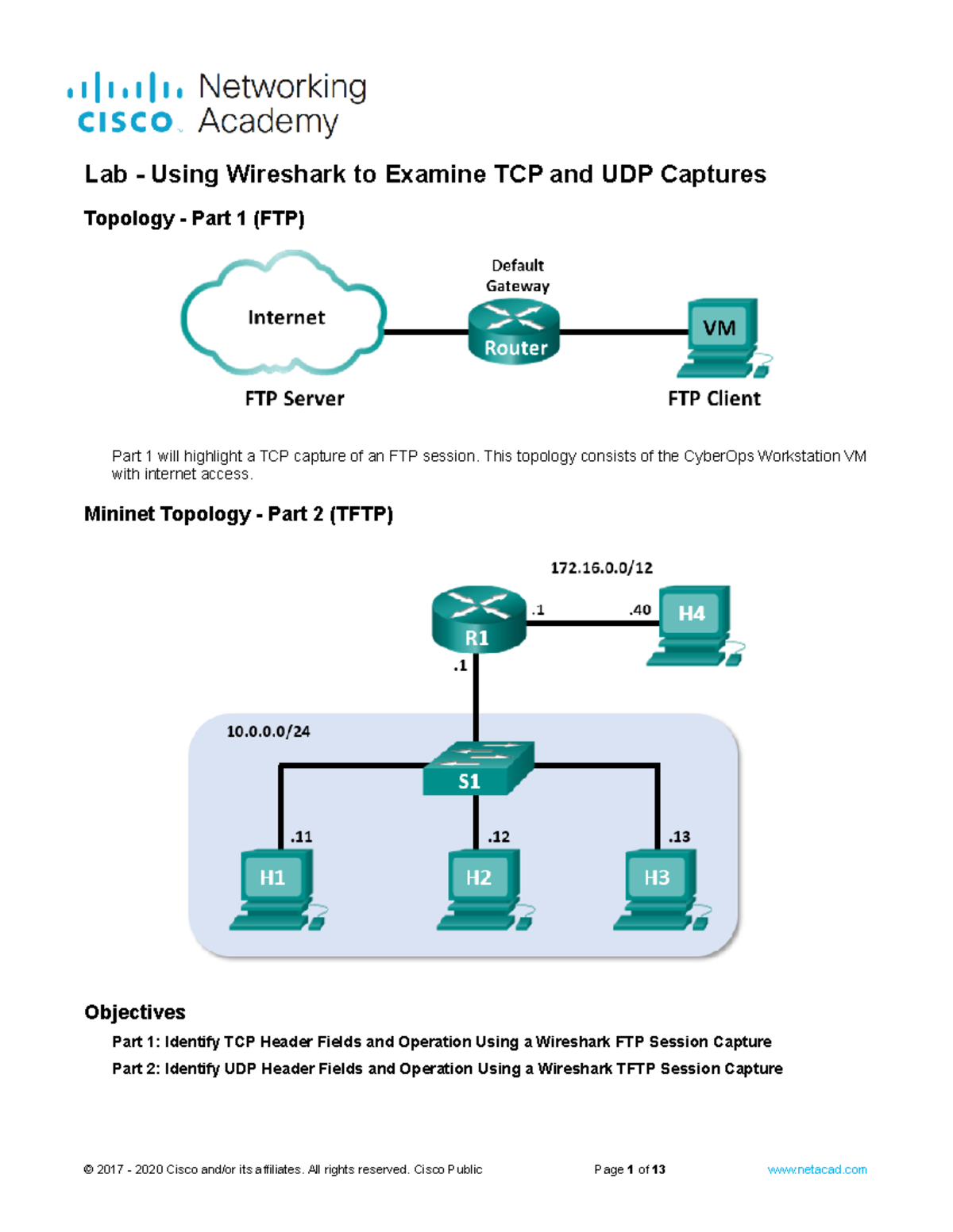 1043 Lab Using Wireshark To Examine Tcp And Udp Captures Topology Part 1 Ftp Part 1