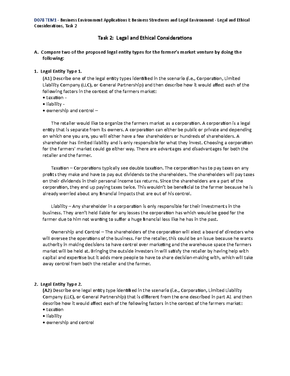 D078 Task 2 - Passed on the first try. - D078 TEM1 - Business ...