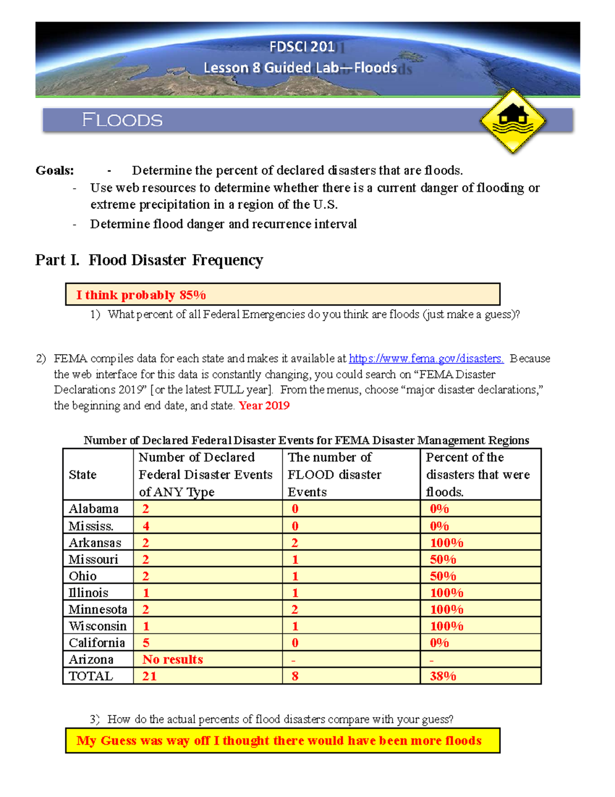 Guided Lab 8 - Goals: - Determine the percent of declared disasters ...