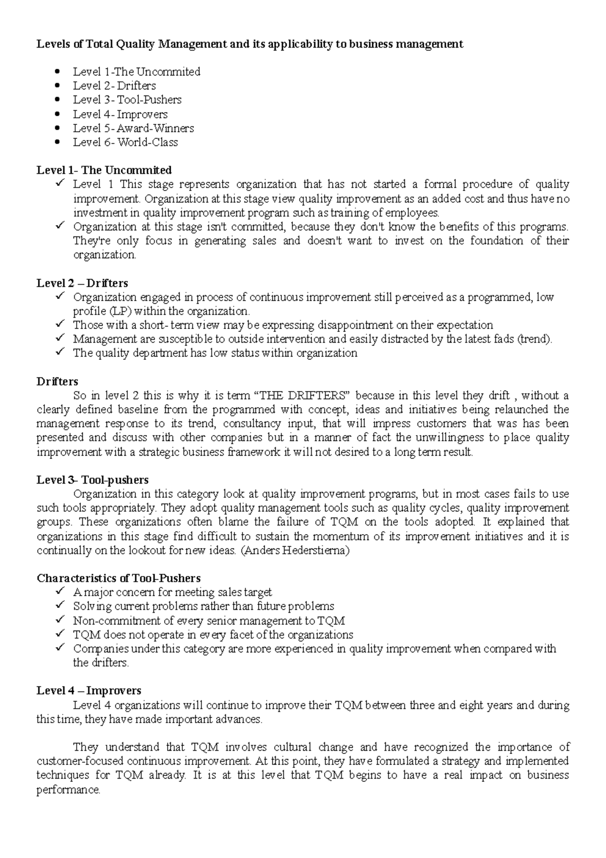 Levels of Total Quality Management and its applicability to business ...