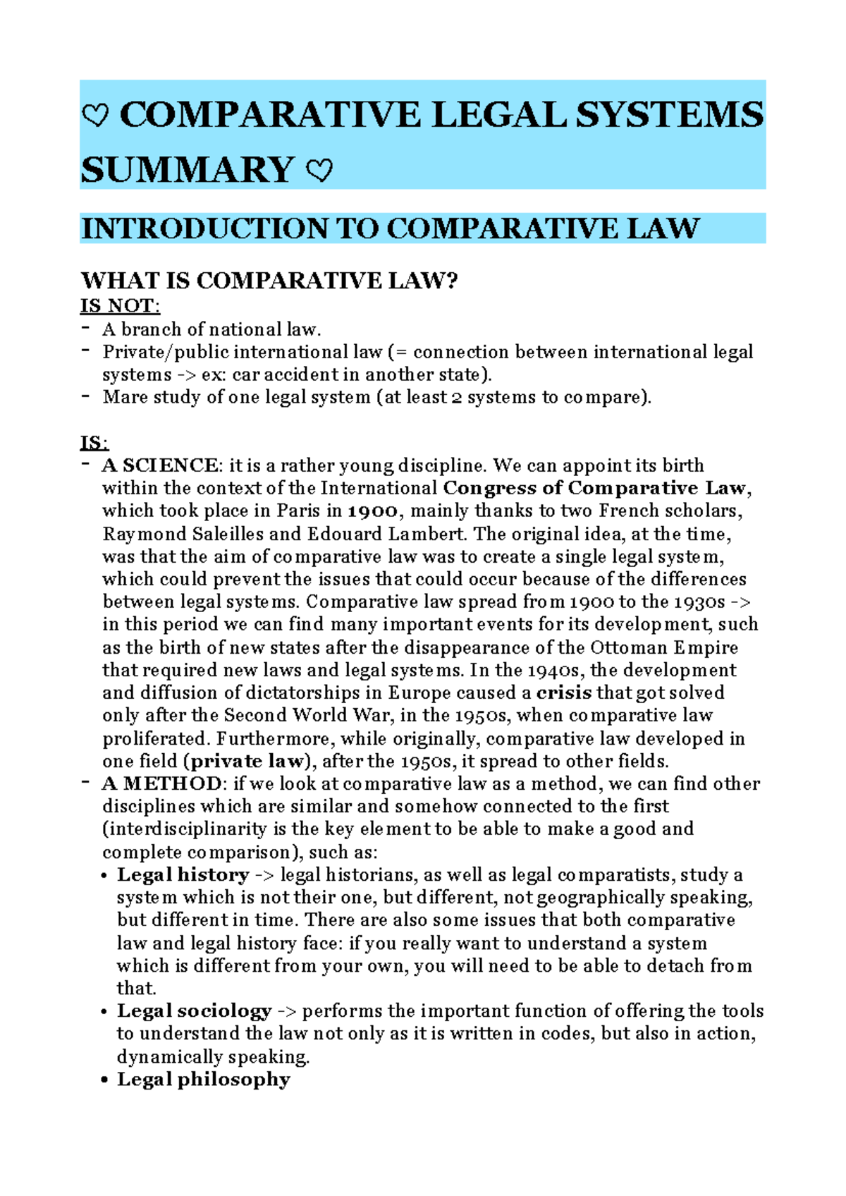 Comparative Lgeal Systems - Summary - ♡ COMPARATIVE LEGAL SYSTEMS ...