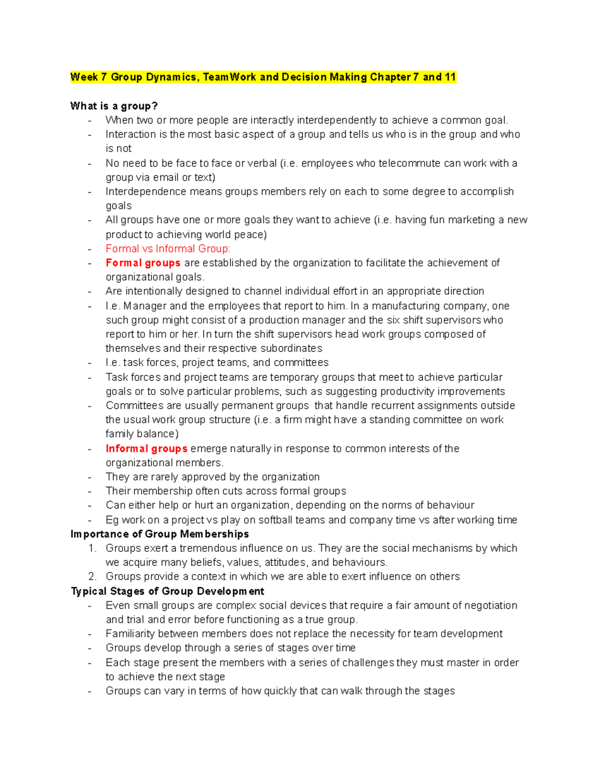 Organizational Behaviour Final Concepts - Week 7 Group Dynamics ...