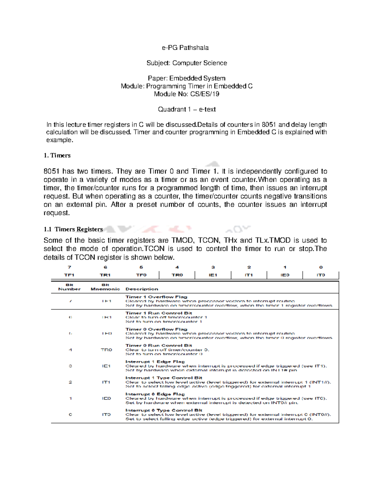 8051 microcontroller timer registers description and tables - e-PG ...