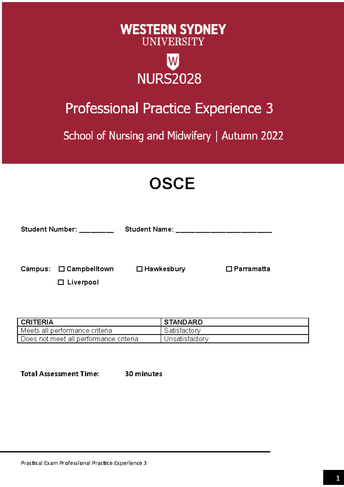 OSCE Professional exam criteria - OSCE Student Number ...