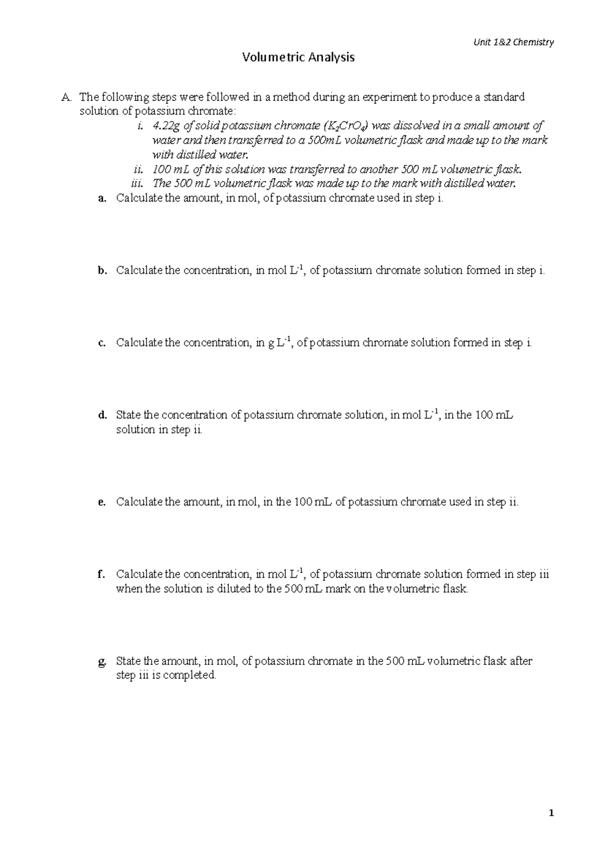 Volumetric analysis (worksheet 1) - Volumetric Analysis A. The ...