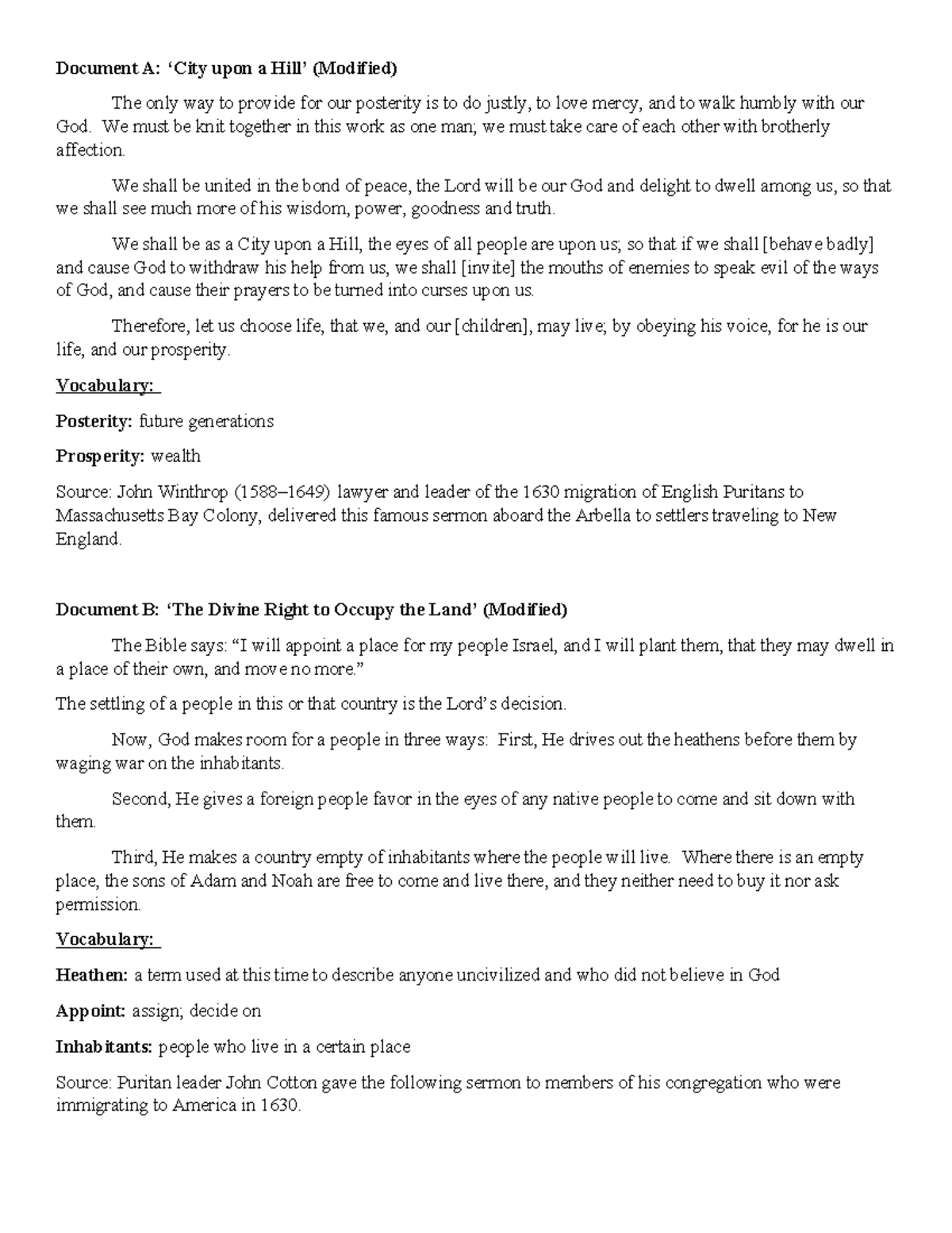 Puritans Docs 1 - Document A: ‘City upon a Hill’ (Modified) The only ...