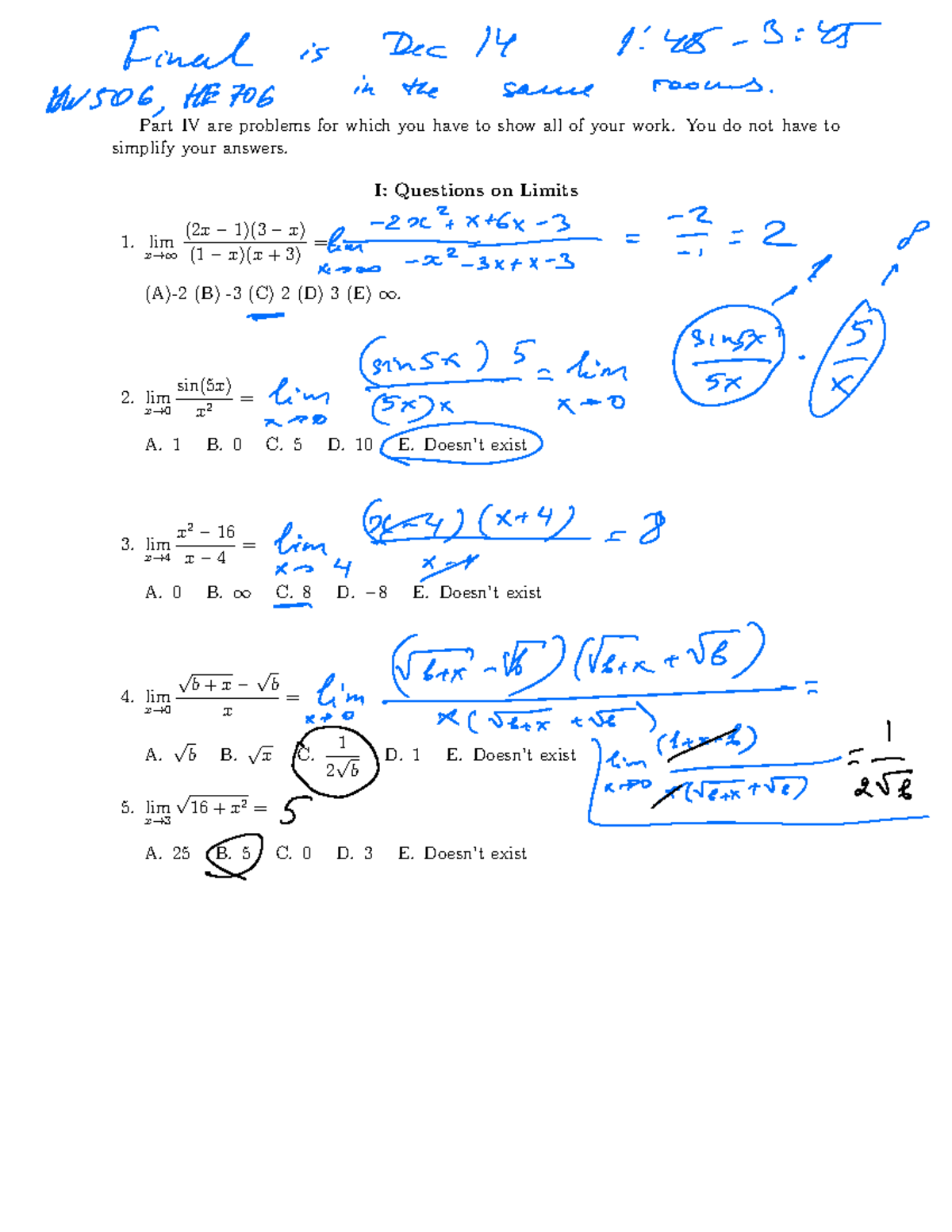150 exam answers - Part IV are problems for which you have to show all ...