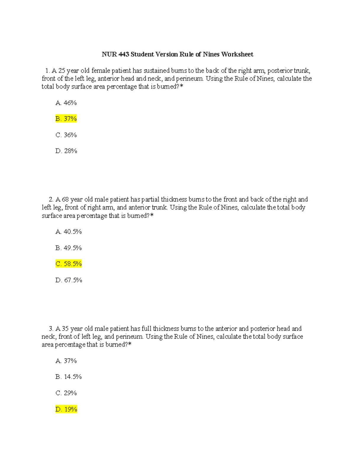 Rule of Nines Worksheet - Using the Rule of Nines, calculate the total ...