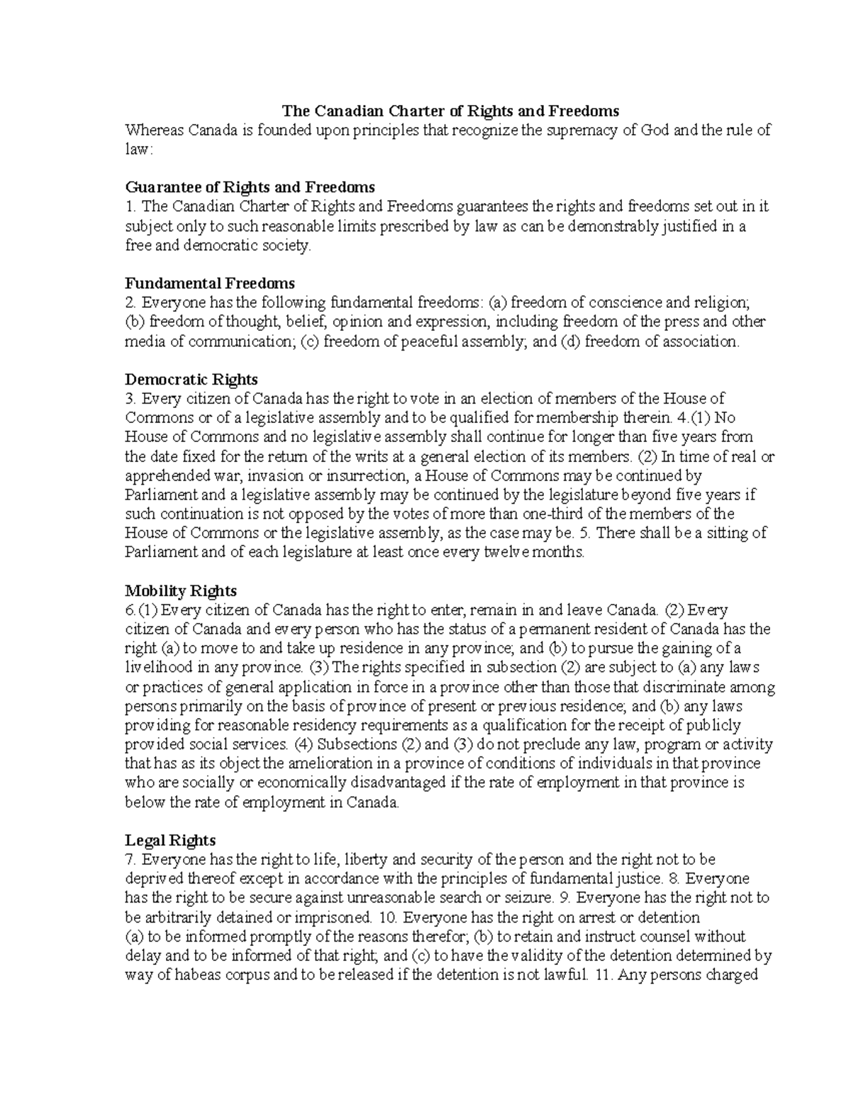The Canadian Charter of Rights and Freedoms - Fundamental Freedoms ...