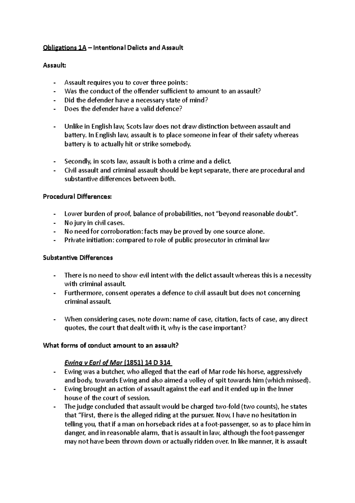 Assault - Lecture notes 1 - Obligations 1A – Intentional Delicts and ...
