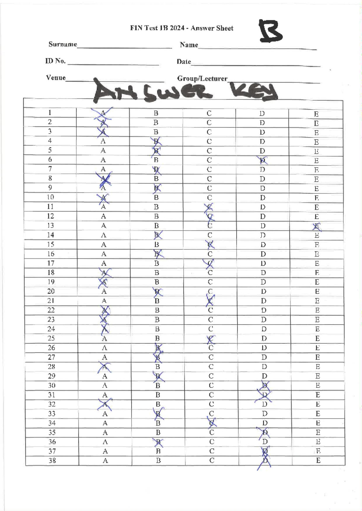 FIN 200 Test 1 Version B -Green Answer KEY 2024 - FIN Test 1B 2024 ...