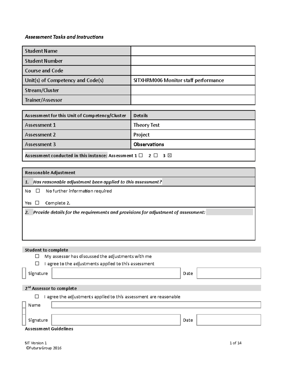 Sitxhrm 006 Assessment 3 -Observations - Assessment Tasks and Instructions Student Name Student ...