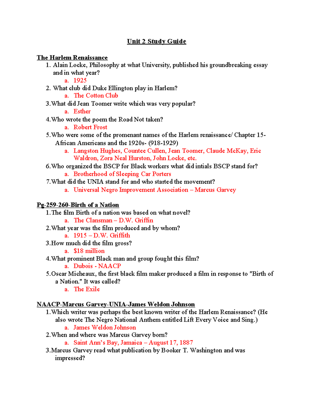 Unit 2 Study Guide - Unit 2 Study Guide The Harlem Renaissance 1. Alain ...
