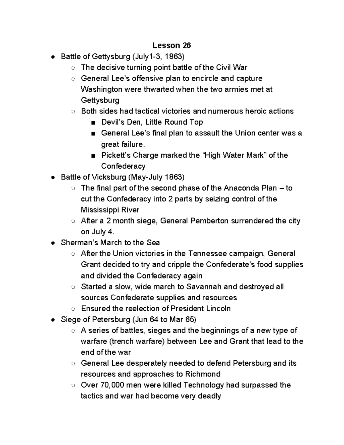 Lesson 26 - Lecture notes 1 - Lesson 26 Battle of Gettysburg 1863) The ...