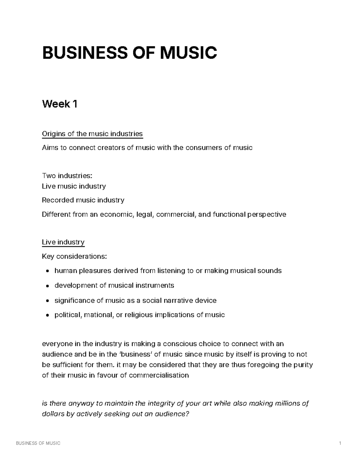 BUSINESS OF MUSIC L1 NOTES - BUSINESS OF MUSIC 1 BUSINESS OF MUSIC Week ...