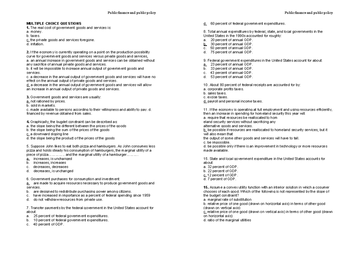 Mid - test - Public finance and public policy MULTIPLE CHOICE QUESTIONS ...