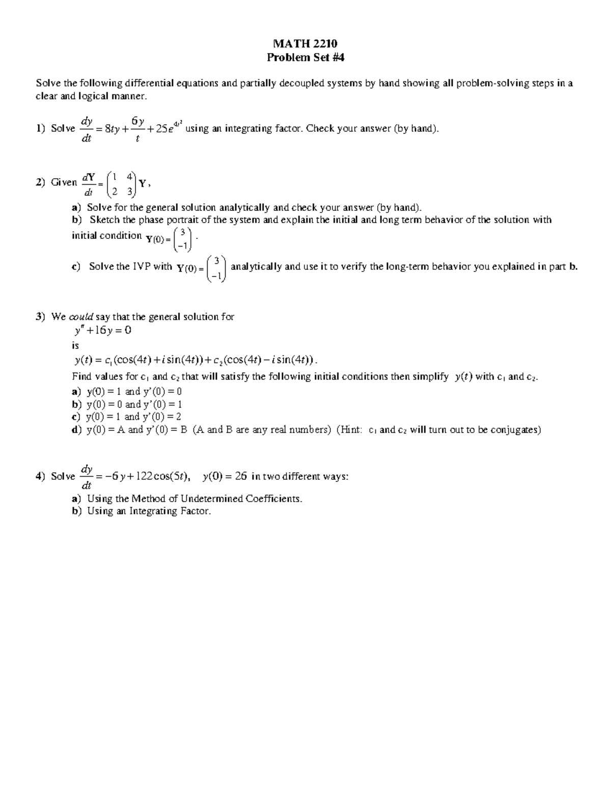 MATH2210 PS 4 - Laplace Transforms - MATH 2210 Problem Set Solve the ...