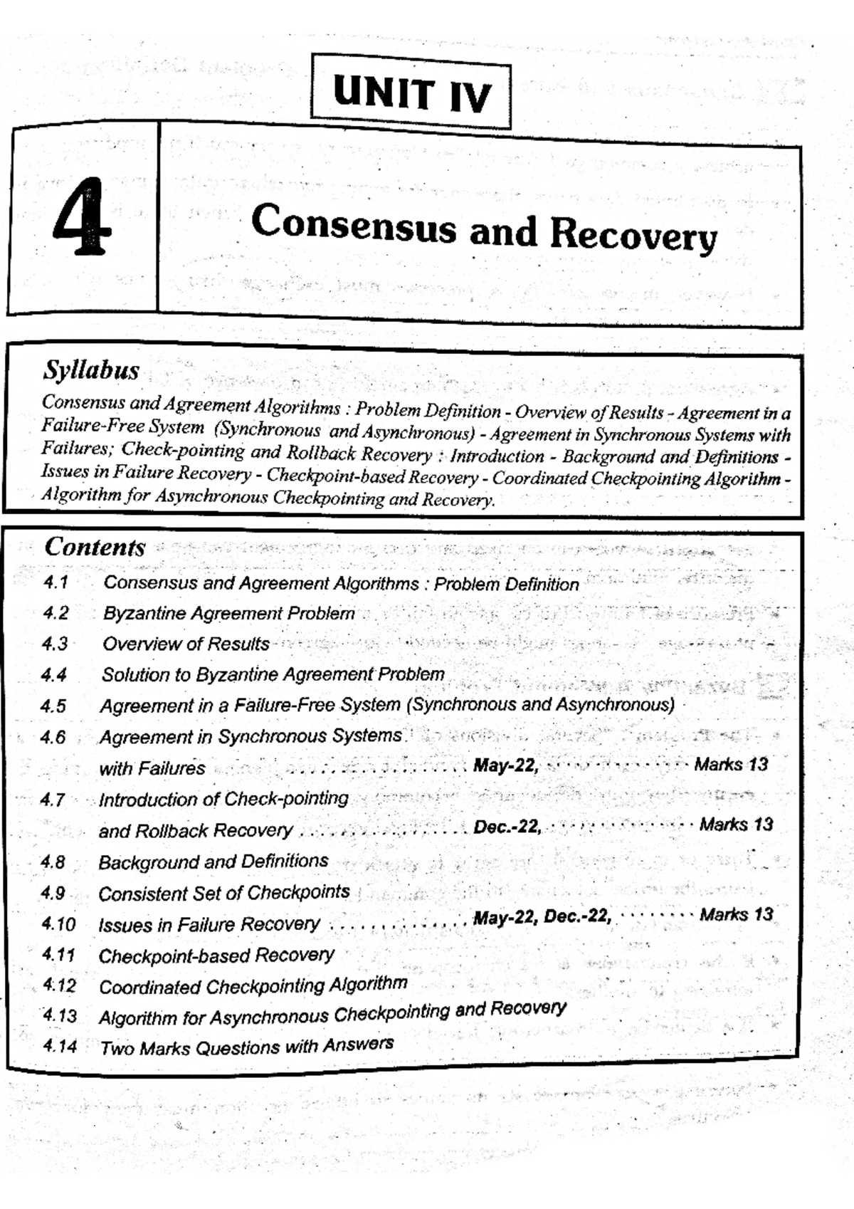 DC - ....... - UNIT IV 4 Consensus and Recovery Syllabus Consensus and Agreement Algorithms ...