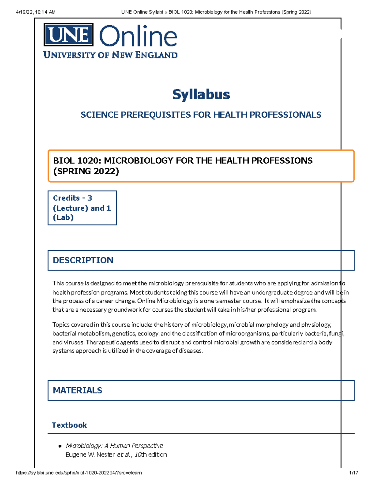 UNE Online Syllabi » BIOL 1020 Microbiology for the Health Professions ...