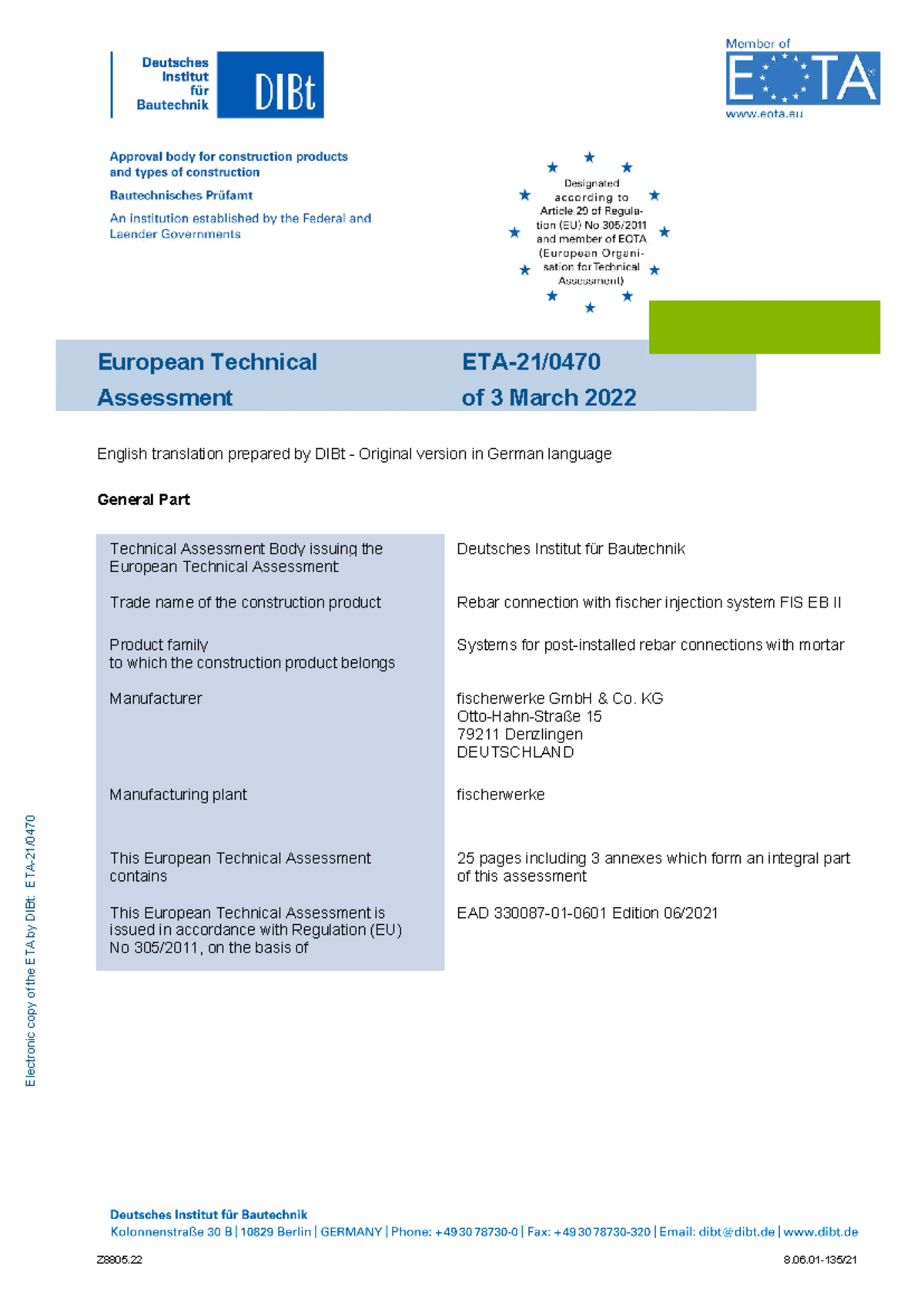 01-ETA - Z8805 8.06-135/ European Technical Assessment ETA-21/ of 3 March 2022 English ...