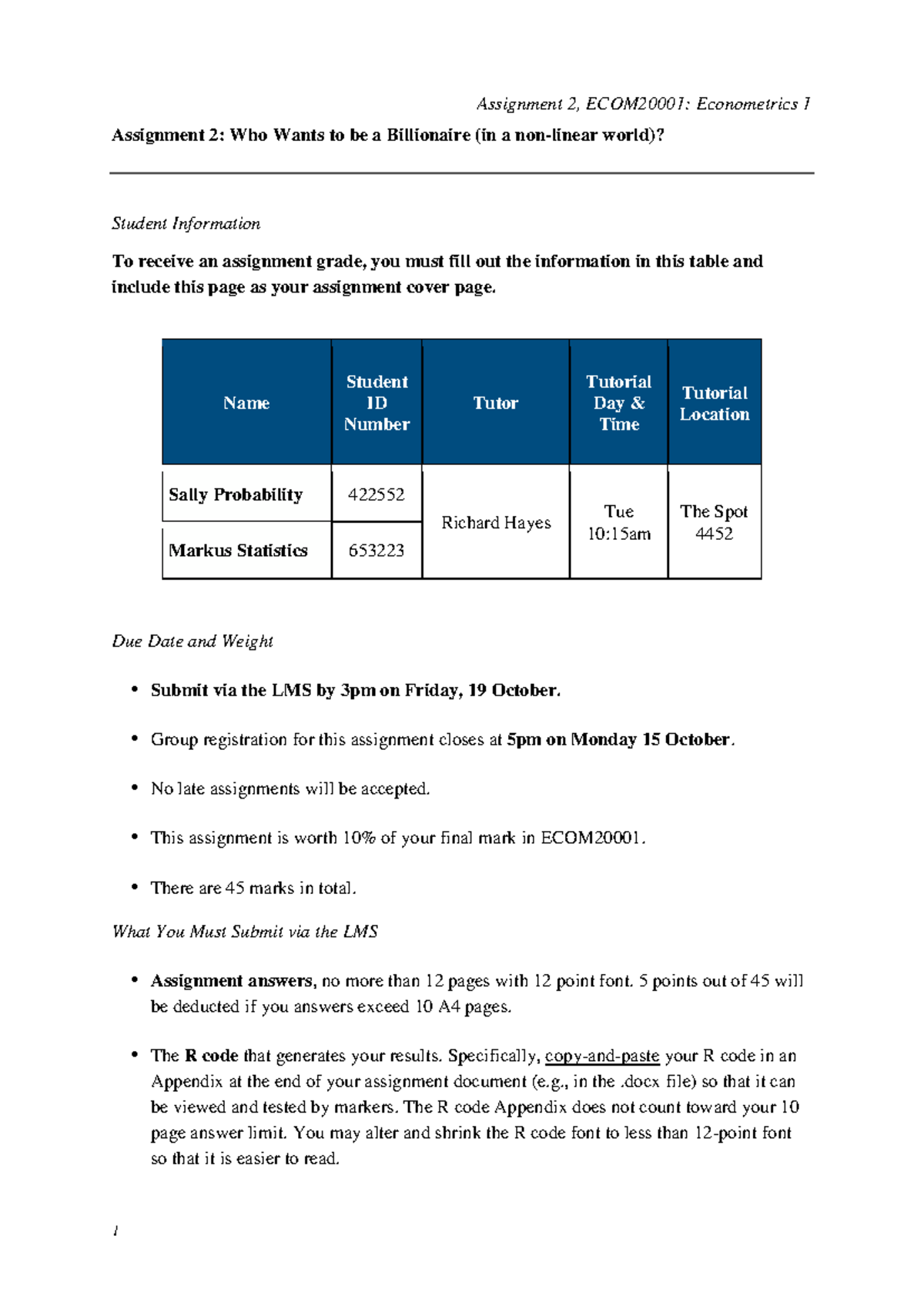 Assignment 2 econometrics - Assignment 2, ECOM20001: Econometrics 1 Assignment 2: Who Wants to ...