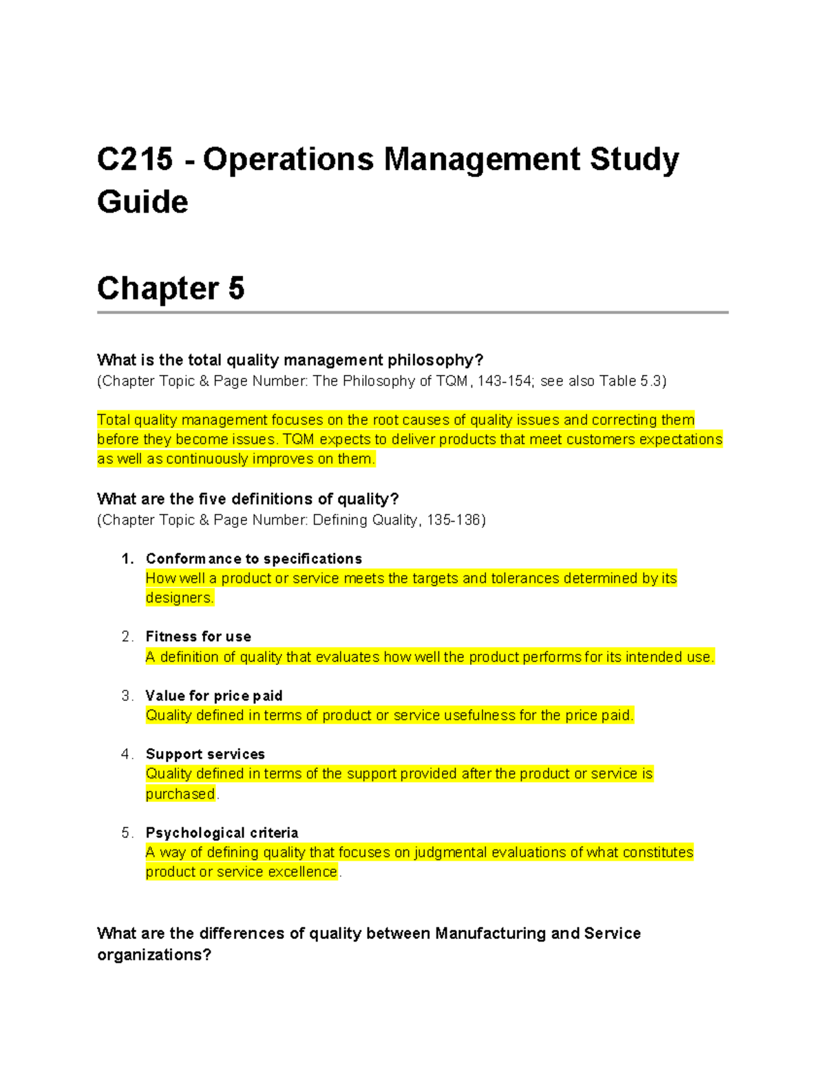 C215 - Operations Management Study Guide - C215 - Operations Management ...
