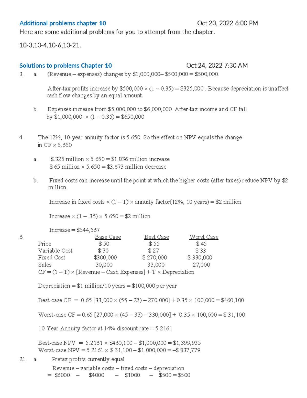 ACCT 702 Ch.10 Practice Quiz on NPV - Additional problems chapter 10 ...