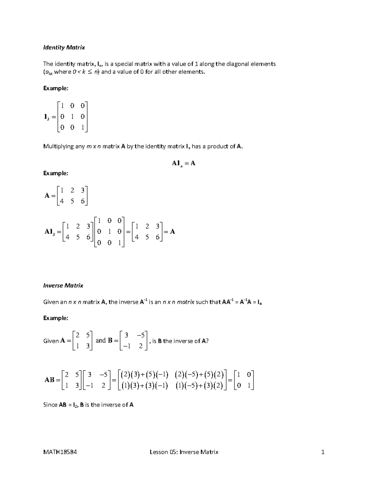 Lesson 23 - 4 05-Inverse Matrix - Identity Matrix The identity matrix ...