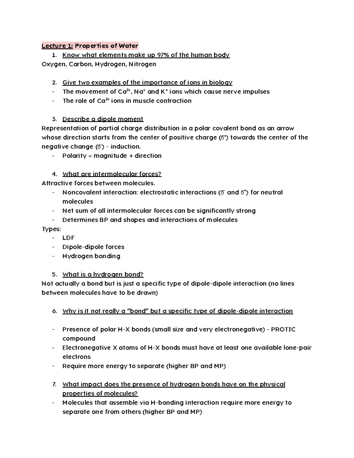 BIO QUIZ 1 - Google Docs - bio quiz - Lecture 1: Properties of Water 1 ...